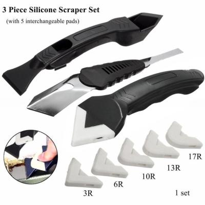 China Kit de ferramentas para remoção de silicone e raspador de silicone 3 em 1 selante substituto e remoção Kit de ferramentas de calafação com 3 almofadas substituíveis para morcego à venda