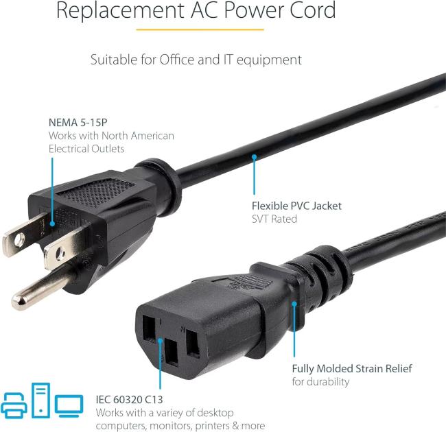 US Plug-C13 3 Pin Prong Plug Cable USA AC Cords Electric