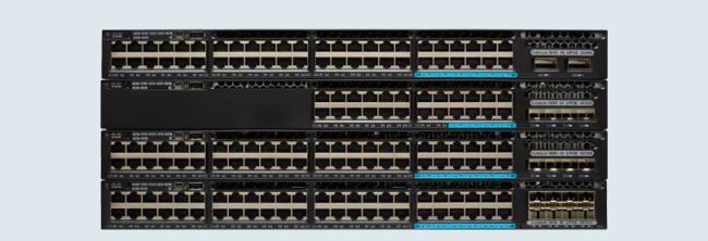 Rear view of Cisco Catalyst 3650 Series switch showing ports
