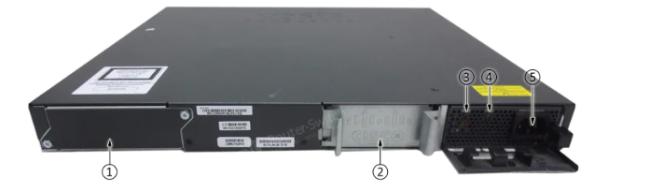 Rear view of Cisco Catalyst 2960XR-48FPD-I switch showing power supply and stacking module slots