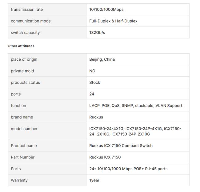 Side view of Ruckus ICX7150-24P-4X1G network switch showing ports and connectivity
