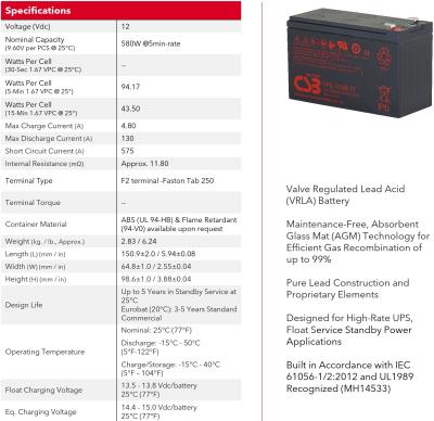China CSB-batterij UPS12580 12V 580W High Performance oplaadbare onderhoudsvrije VRLA 580W-batterij voor UPS Data Center Te koop