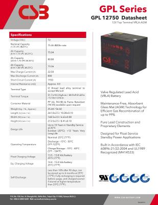 Cina Batteria CSB ricaricabile GPL12750 12V 75Ah Batteria sigillata a piombo acido in vendita
