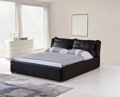China Modern Black Color Bedroom Furniture Genuine Leather Wooden  King Size Bed for sale