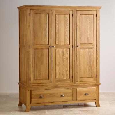 China rustic oak wood Triple Wardrobe with good design and 100% solid oak wood furniture for sale