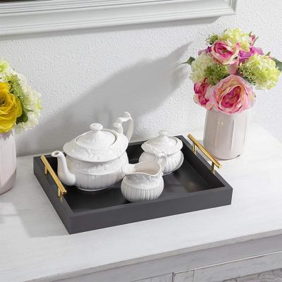 China Decorative coffee table ottoman tray white black wooden trays with gold handles for sale