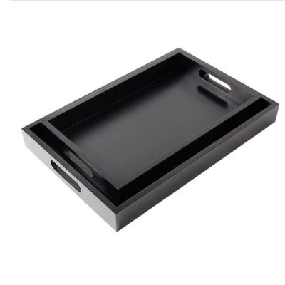 China High quality custom serving tray beautiful black paint pine wood tea tray with handle for sale