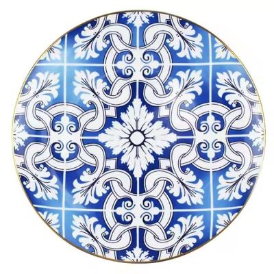 China Wedding blue flower bone china dinner plate with gold rim for sale