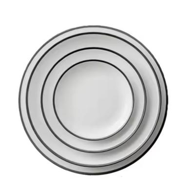 China Hot sale white simple style catering bone china dinner plates with black rim for sale