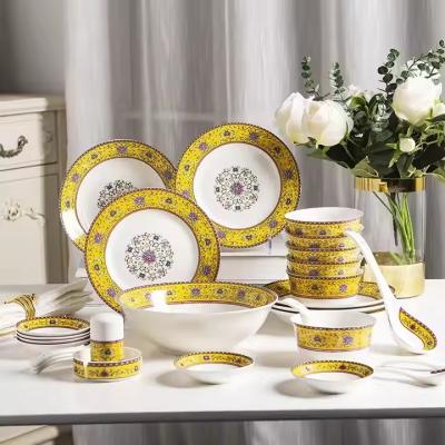 China 56-set bone china dinnerware bowl and dish set Jingdezhen gold hand stroke enamel ceramic tableware set for sale
