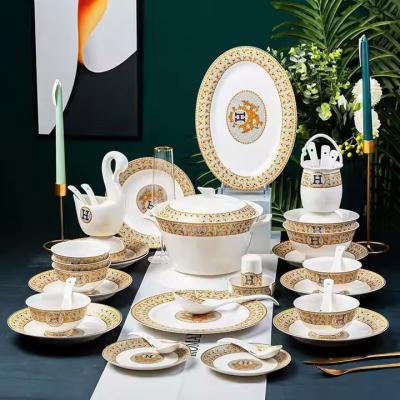 China European tableware embossed ceramic bowls plates set wholesale luxury home gifts 60 pieces bone china dinnerware set for sale