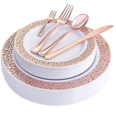 China Disposable decorative rose gold rim plastic plate tableware set for sale