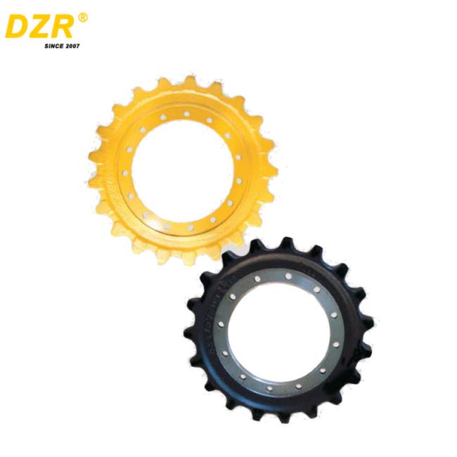 Side view of excavator drive sprocket showing mounting holes and surface finish