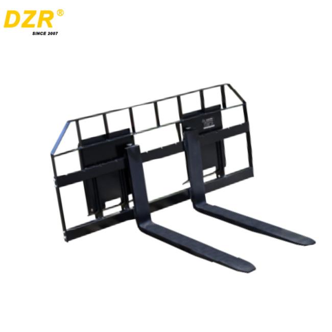 Pallet forks in operational position on excavator undercarriage