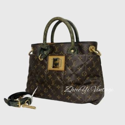 China Vintage Brown LV Monogram Canvas & Snakeskin Tote Bag Used 2 Way Handbag for sale
