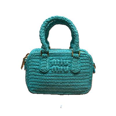 China Crochet Raffia Top Handle Used Miu Miu Bag Teal Gold Tone Metal for sale