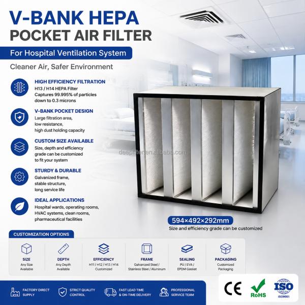 Quality Customized H13 H14 V-Bank HEPA Filter with Galvanized Frame for Cleanroom HVAC System 594x492x292mm for sale