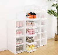 China 35L Clear Shoe Case Box Stackable Plastic Storage Container Drawer Design for sale