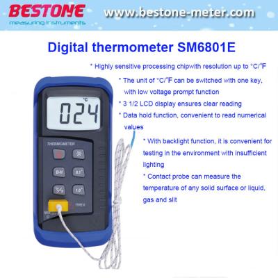 China Digital Thermometer with K-Type Thermocouple Sensors / Data-Hold Function Alarm Display Overload Sm6801e for sale
