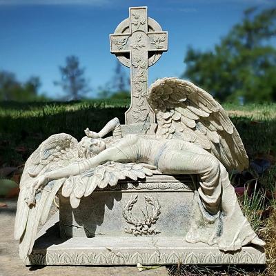 China Custom Funeral White Stone Monument European Style New Headstone Tombstone With Angel Statue Carving For Graves for sale