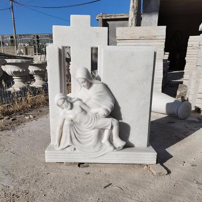 China Custom Funeral White Stone Monument European Style New Headstone Tombstone With Angel Statue Carving For Graves for sale