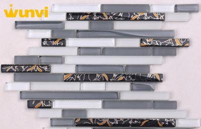 China Mesh - Mounted White and Grey Strip Glass Mosaic Tiles With Flower Pattern for sale