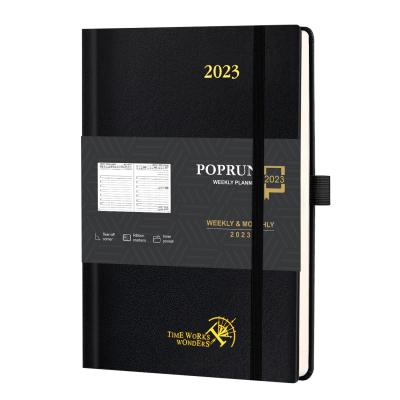 China Student Vertical Layout Weekly Planner 2023 Leatherette Paper Ivory Paper Black for sale