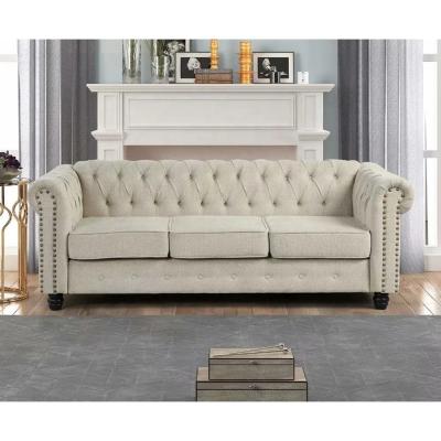 China Chesterfield arm 3+2+1 seater sofa set with button tufted design light Grey Color Linen fabric Sofa for living room à venda