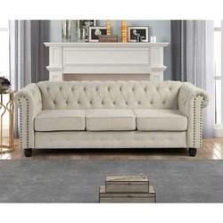 China Chesterfield arm 3+2+1 seater sofa set with button tufted design light Grey Color Linen fabric Sofa for living room à venda