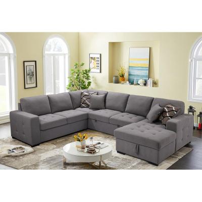 Cina Moderno in forma di U 2pc seduta angolo e seduta da letto con / letto estraibile salotto sezionale divano set di stoffa di lino in vendita