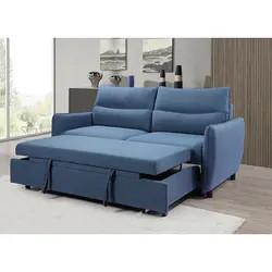 Cina Materiale personalizzato Trasloco verso il basso retro Divano a telaio di legno 3 posti divano pieghevole in tessuto blu letto in vendita