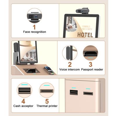 China Hotel Airport Self Service Kiosk With Touch Screen POS Cash Payment Receipt Printer Camera Passport Scanner for sale