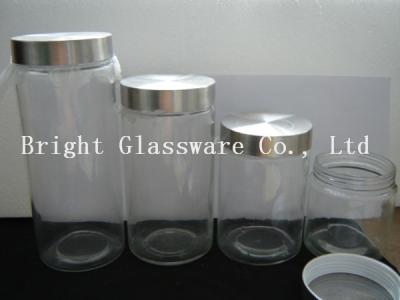 China tall glass storage jar with metal lid, glass container cheap for sale