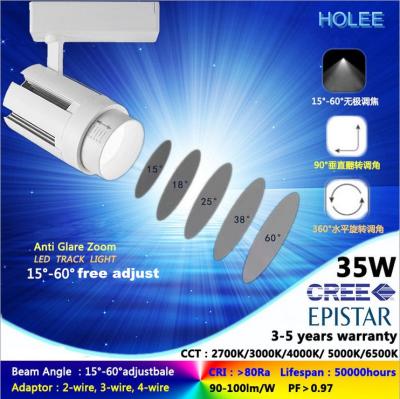 China 6500k 35W cree LED track light spot fixture high lumens CRI 90 adjustable beam angle for sale