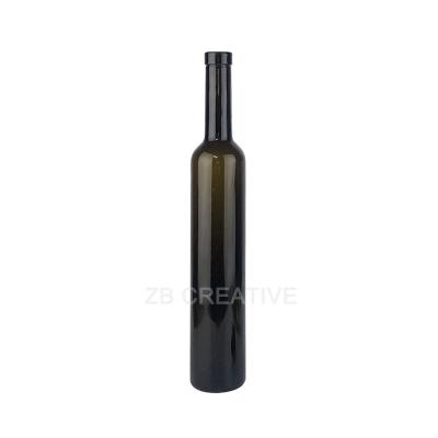 China Bar Closure Slender Glass Ice Wine Bottle 500ml Antique Green Flint 540g 1422C for sale