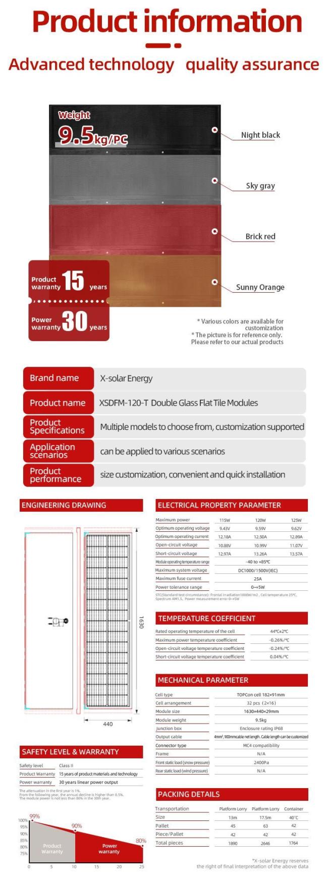 120W Double Glass Tough BIPV Solar Module Flat Tile