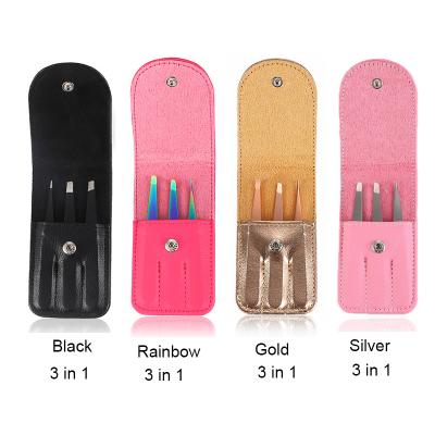 China Professional 3pcs Stainless Steel Eyebrow Tweezers Set Customized Logo in PU Pouch Case for sale