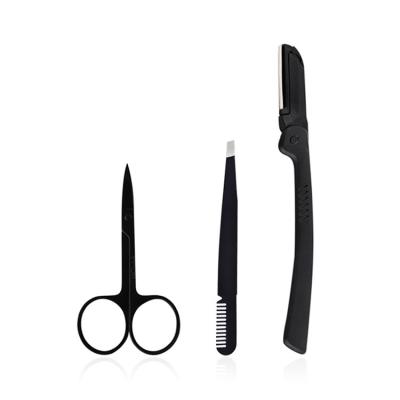China Black Eyebrow Grooming Kit 3 in 1 Foldable Eyebrow Razor Scissors Tweezers Set for sale