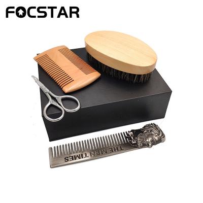 China Mens Beard Grooming Set 4 in 1 Stainless Steel Scissors Comb Brush Kit Giftbox for sale