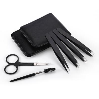 China Customized Logo 6pcs Stainless Steel Eyebrow Tweezers Scissors Brush Tools Kit for sale