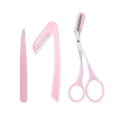 China 3 in 1 Customized Logo Eyebrow Razor Scissors Tweezers Set Eyebrow Grooming Kit for sale