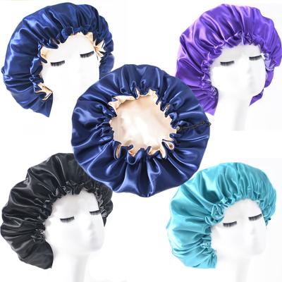 China Double Layer Bath Cap Reversible Adjustable Satin Hair Bonnet for sale