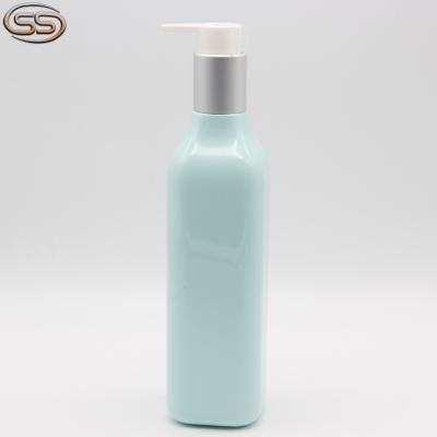 China Custom Color 400ml Square Plastic Shampoo and Shower Gel Bottle with Sliver Pump for sale