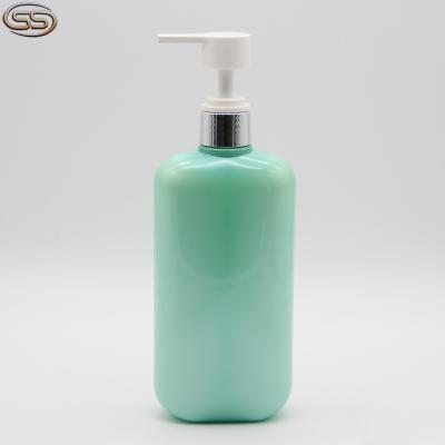 China China Supplier 350ml Green Flat Plastic Cosmetic Shampoo Bottle With Sliver Pump for sale
