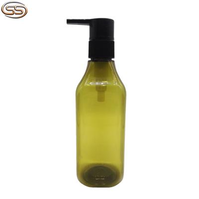 China 250ml Olive-green Square Plastic Cosmetic Shampoo Bottle with Lotion Pump for sale