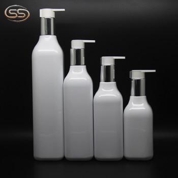 China 200ml 250ml 400ml 500ml Square Plastic Shampoo Bottle with Sliver Lotion Pump for sale