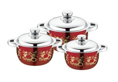 China hot selling 6pcs  cookware set with red color  &16/18/20cm cooking pot &16cm/18cm/20cm cookware set in  stainless steel à venda