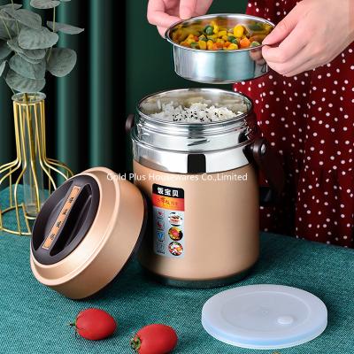 China 2000ML High quality double walled stainless steel lunch box with silicone rim round  three tiers 304 ss thermal soup pot for sale