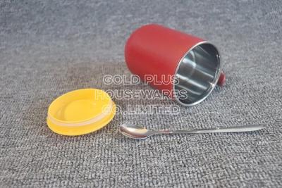 Drinkware red color creative mark cup with metal spoon handgrip 304 stainless steel office cup with sealing cover
