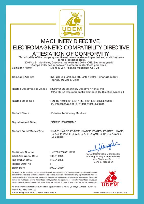 MACHINERY DIRECTIVE EMC DIRECTVEATIESTATON OFCONFORMITY - JIANGSU LAIYI PACKING MACHINERY CO.,LTD.